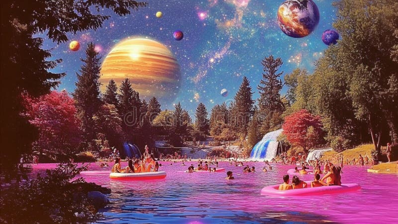 Fantasy Dreamlike Public Swimming Pool Daydream Under a Galactic Cosmic ...