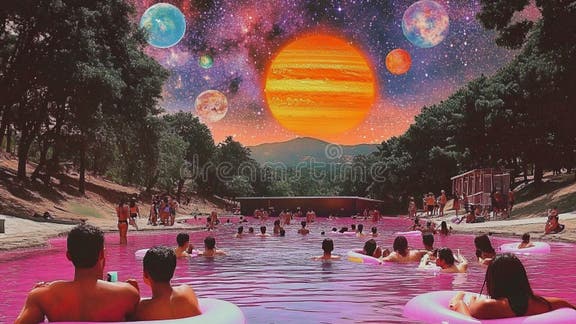 Fantasy Dreamlike Public Swimming Pool Daydream Under a Galactic Cosmic ...