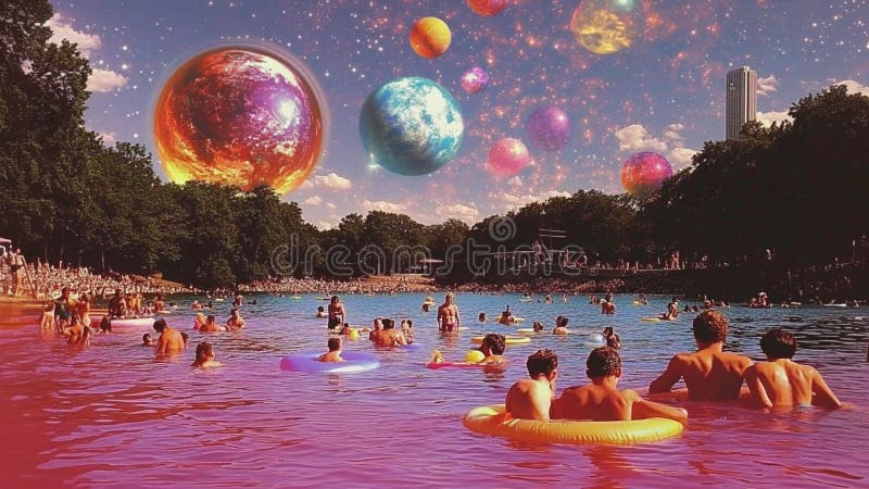 Fantasy Dreamlike Public Swimming Pool Daydream Under a Galactic Cosmic ...