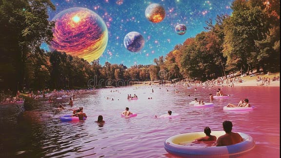 Fantasy Dreamlike Public Swimming Pool Daydream Under a Galactic Cosmic ...