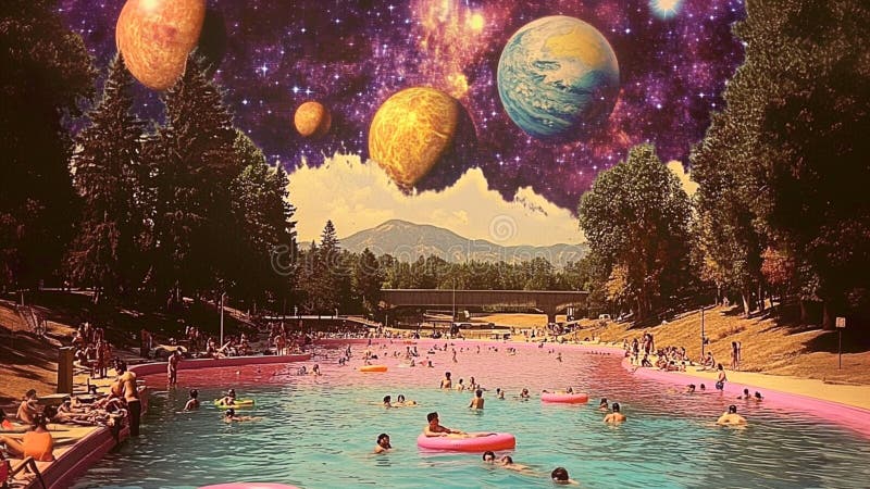 Fantasy Dreamlike Public Swimming Pool Daydream Under a Galactic Cosmic ...