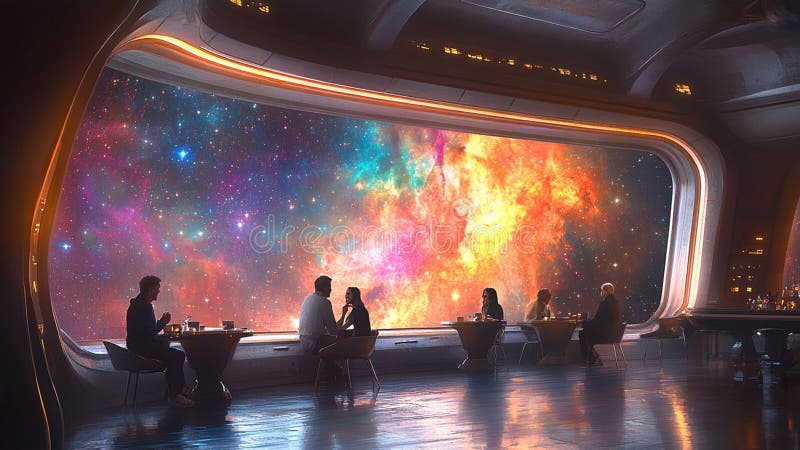 Futuristic Dining Room Inside a Spaceship with Big Windows Stock Image ...