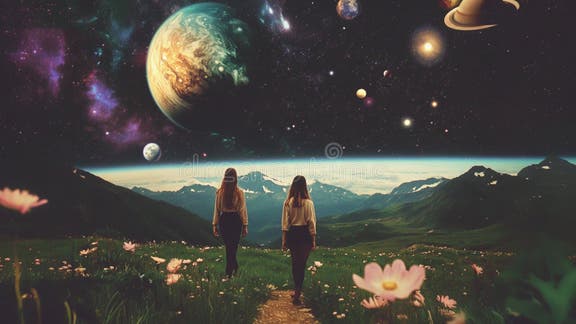 Girl Friends Walking in Wonderland Dream Realm Filled with Magical ...