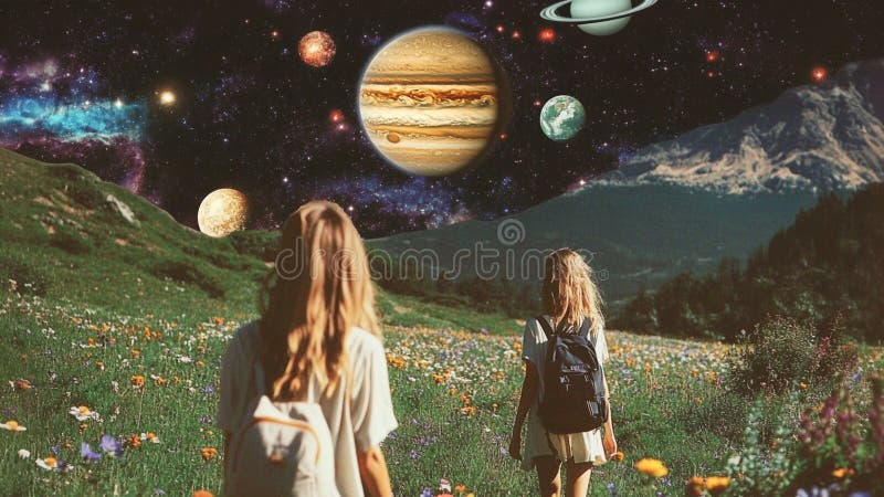 Girl Friends Walking in Wonderland Dream Realm Filled with Magical ...