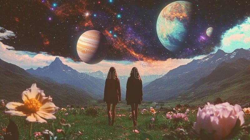 Girl Friends Walking in Wonderland Dream Realm Filled with Magical ...
