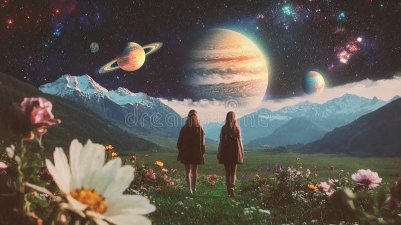 Girl Friends Walking in Wonderland Dream Realm Filled with Magical ...