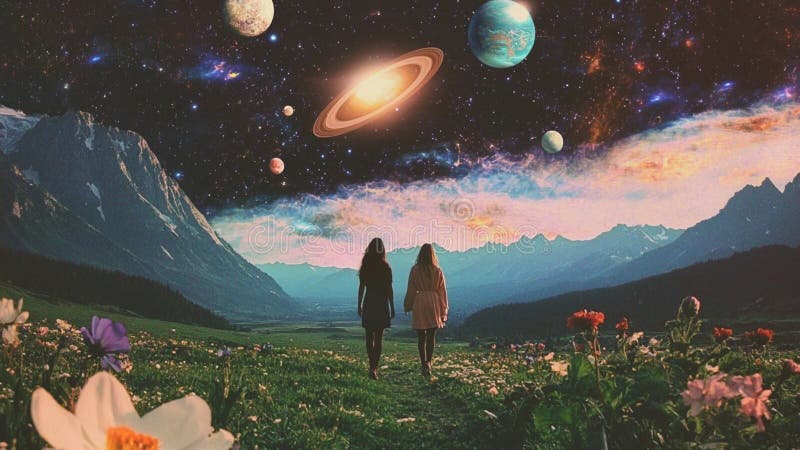 Girl Friends Walking in Wonderland Dream Realm Filled with Magical ...
