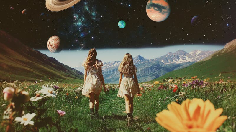Girl Friends Walking in Wonderland Dream Realm Filled with Magical ...