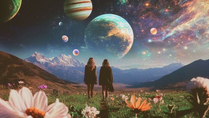Girl Friends Walking in Wonderland Dream Realm Filled with Magical ...