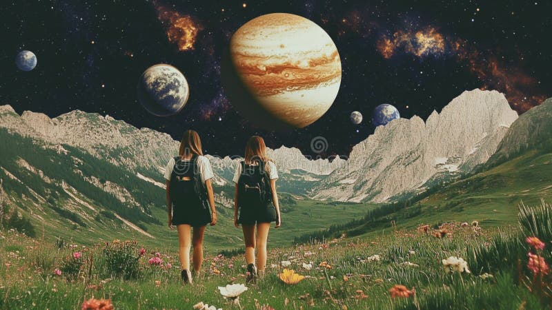 Girl Friends Walking in Wonderland Dream Realm Filled with Magical ...