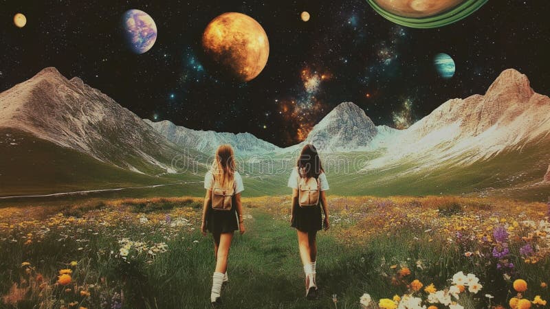 School Girls Walking in Wonderland Dream Realm Filled with Magical ...