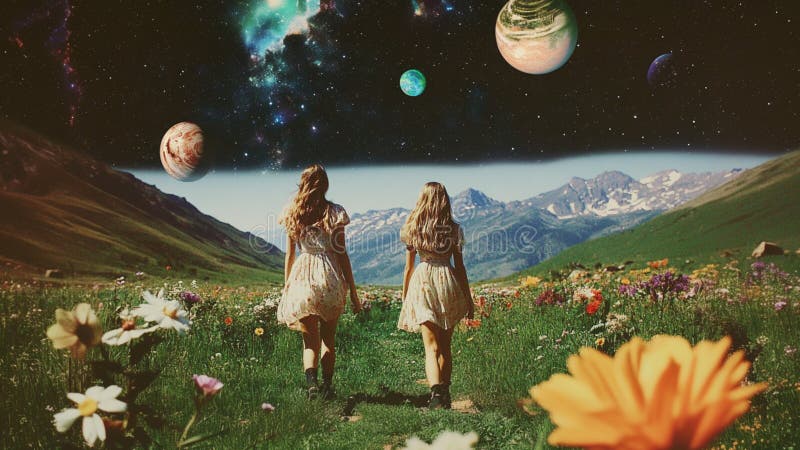 Girl Friends Walking in Wonderland Dream Realm Filled with Magical ...