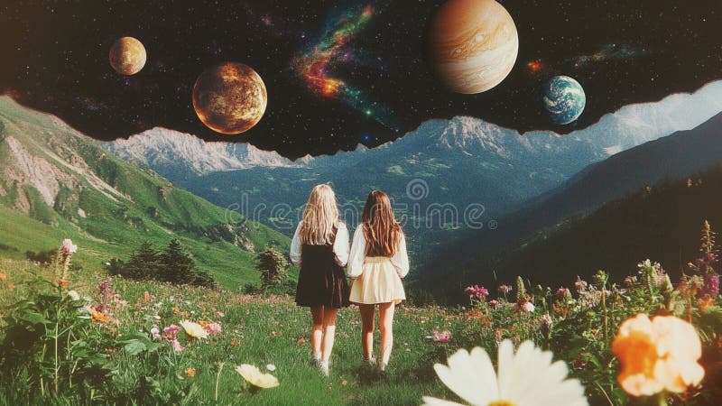 Girl Friends Walking in Wonderland Dream Realm Filled with Magical ...