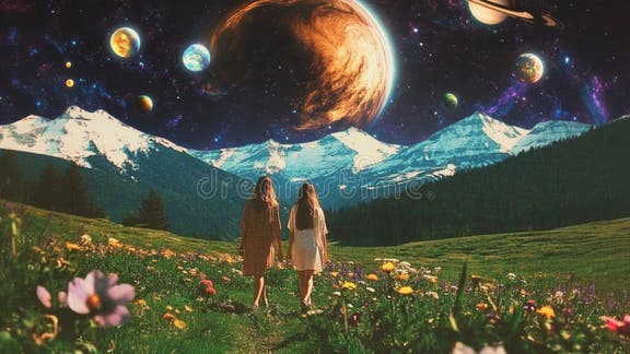 Girl Friends Walking in Wonderland Dream Realm Filled with Magical ...