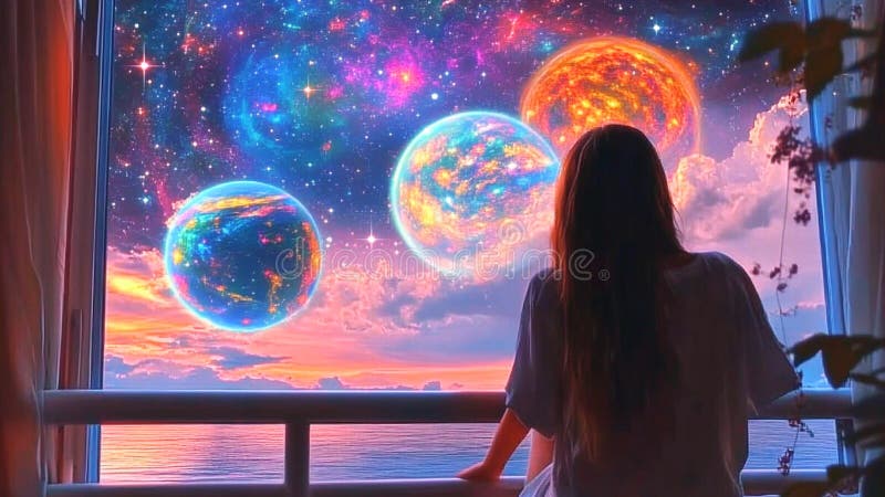 Starseed Girl Stargazing in Her Bedroom Balcony Window Displaying a ...