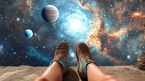 Woman Astral Traveling Offworld in a Cosmic Universe Space with Blue ...