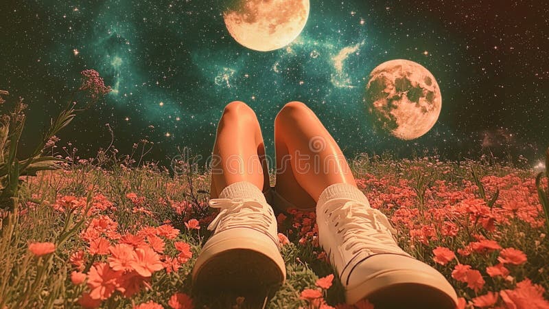 Girl Daydreaming and Stargazing in a Magical Flower Field Under a ...