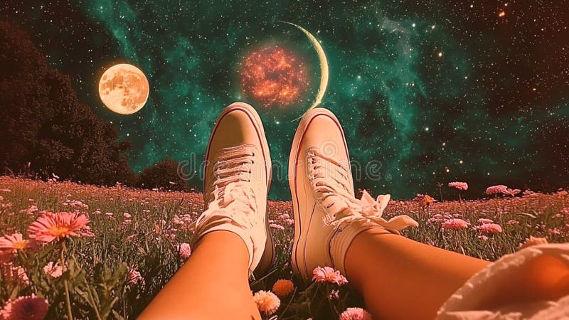 Girl Daydreaming and Stargazing in a Magical Flower Field Under a ...