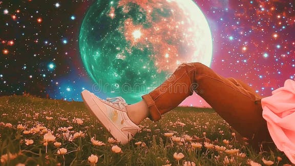 Girl Daydreaming and Stargazing in a Magical Flower Field Under a ...