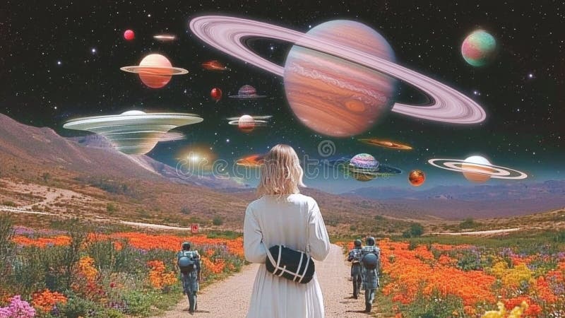A Pleiadian Woman in Futuristic Space Suit Outfit Walking on a Cosmic Alien Planet in a Higher ...