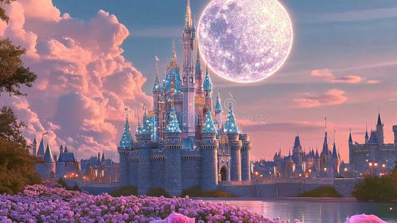 A Fantasy Castle Tower Fortress with a Blue Roof Under a Magical Full ...