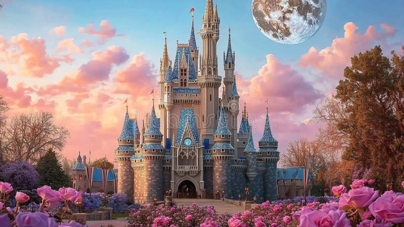 A Fantasy Castle Tower Fortress with a Blue Roof Under a Magical Full ...