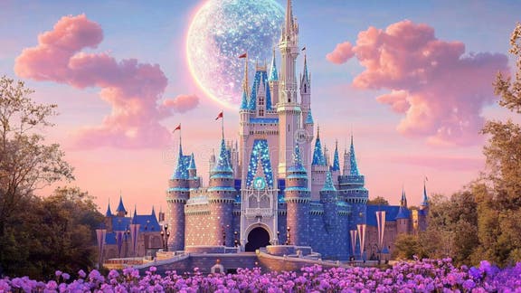 A Fantasy Castle Tower Fortress with a Blue Roof Under a Magical Full ...