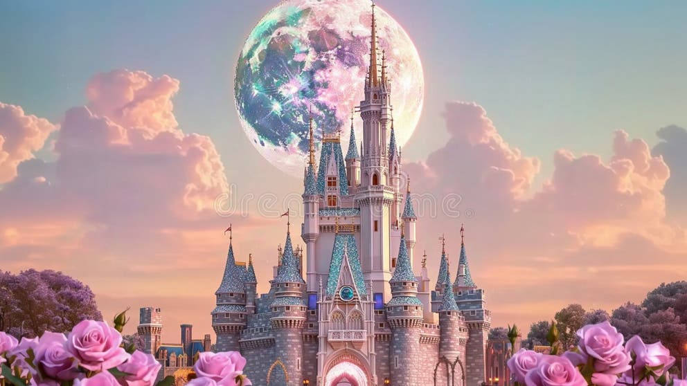 A Fantasy Castle Tower Fortress with a Blue Roof Under a Magical Full ...