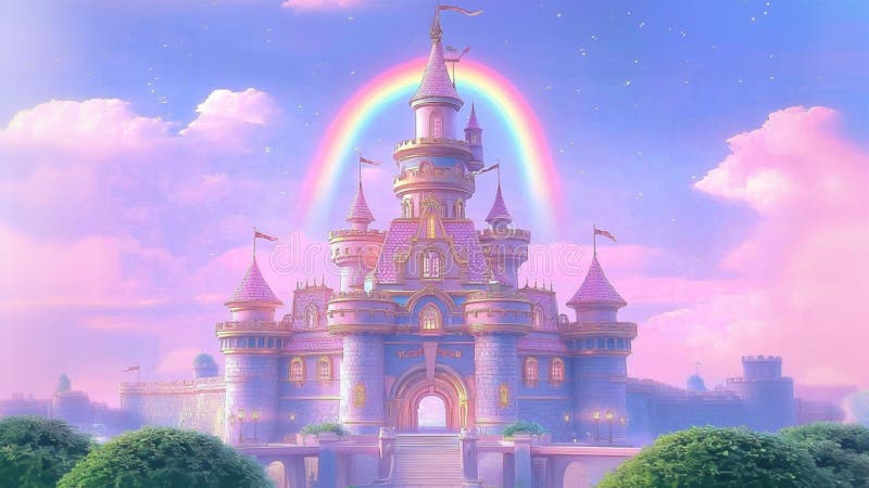 A Fantasy Castle Tower Fortress Under a Magical Rainbow in a Lilac Sky ...