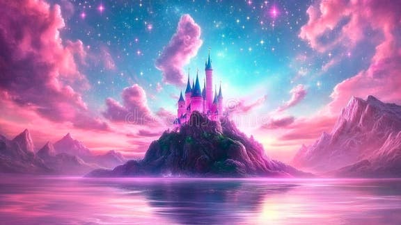 A Pink Castle Tower Fortress with a Blue Roof on Top of a Magical Tiny ...