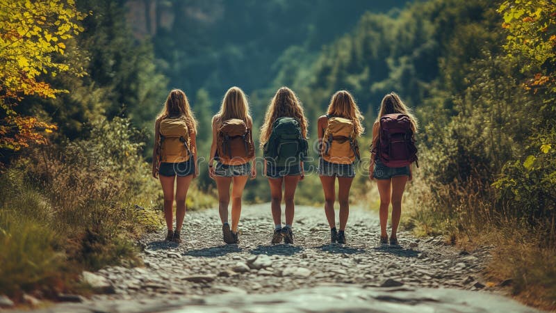 A Group of Women Hiking, Backpacking, Mountaineering in an Evergreen ...