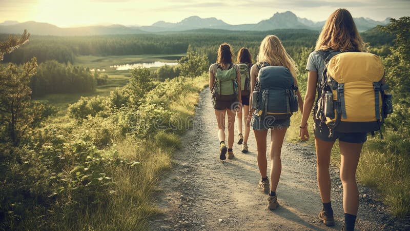A Group of Women Hiking, Backpacking, Mountaineering in a Meadow in a ...