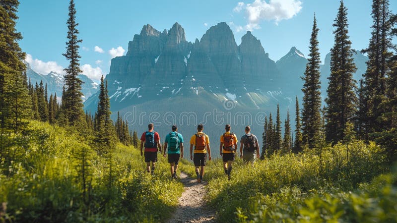 Two Men Hiking, Backpacking, Mountaineering in a Green Field in a ...