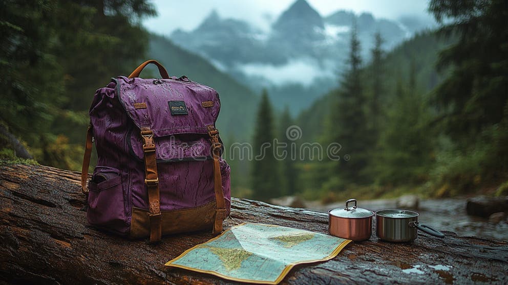 A Camping Backpack with a Compass, Maps, Squeezer and Other Tools in an ...