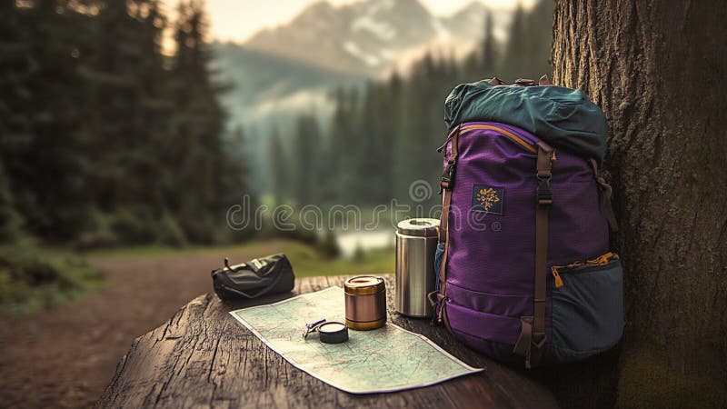 A Camping Backpack with a Compass, Maps, Squeezer and Other Tools in an ...