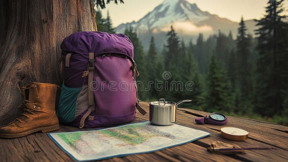 A Camping Backpack with a Compass, Maps, Squeezer and Other Tools in an ...