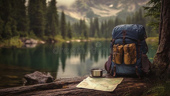 A Camping Backpack with a Compass, Maps, Squeezer and Other Tools in an ...