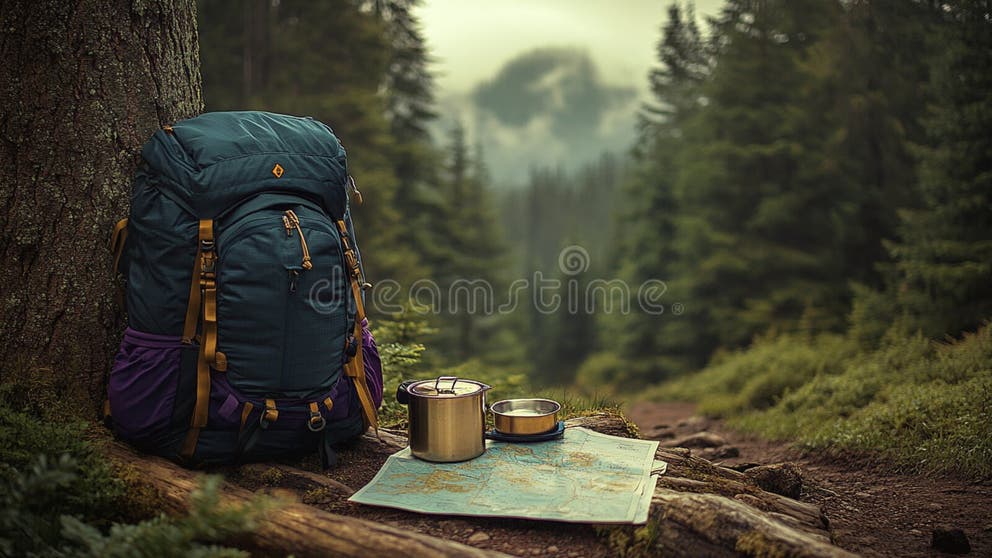 A Camping Backpack with a Compass, Maps, Squeezer and Other Tools in an ...