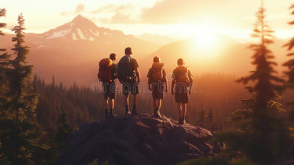 A Group of Boy Scouts Hiking, Backpacking, Mountaineering on a Hill in ...