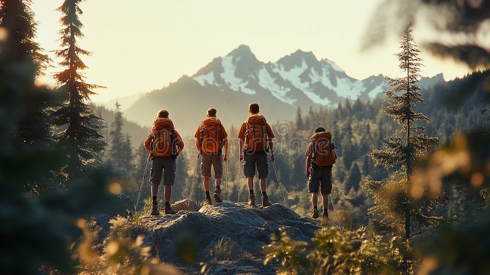 A Group of Teen Boy Scouts Hiking, Backpacking, Mountaineering on a ...