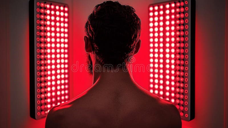 A Fit Man Receiving Infrared Light Therapy through Radiation Panels, a ...