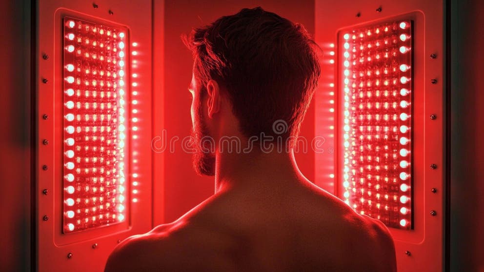 A Fit Man Receiving Infrared Light Therapy through Radiation Panels, a ...