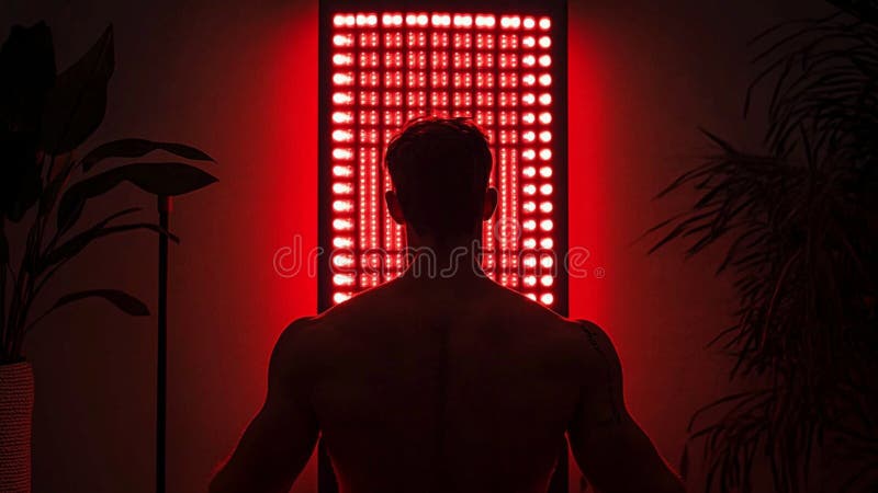 A Fit Man Receiving Infrared Light Therapy through Radiation Panels, a ...