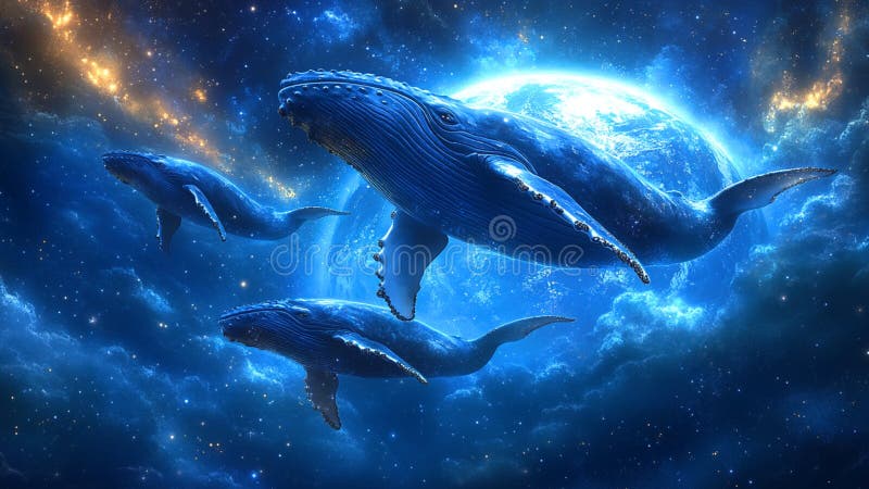 A Pod of Whales Swimming and Flying in a Deep Blue Ocean in a Cosmic ...