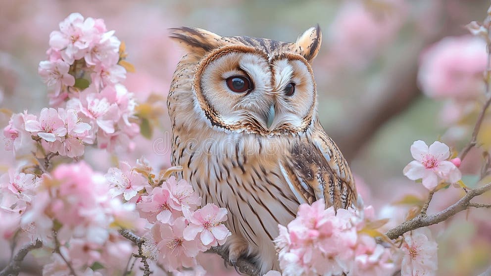A Beautiful Fairytale Owl Landed on a Pink Sakura Flower Tree ...