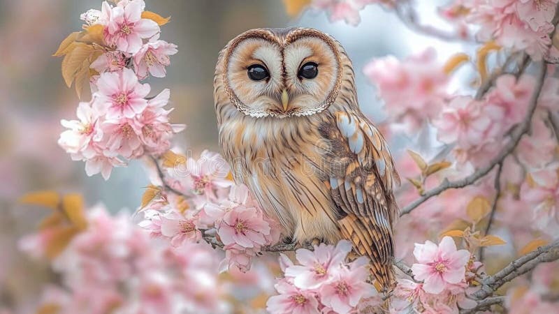 A Beautiful Fairytale Owl Landed on a Pink Sakura Flower Tree ...