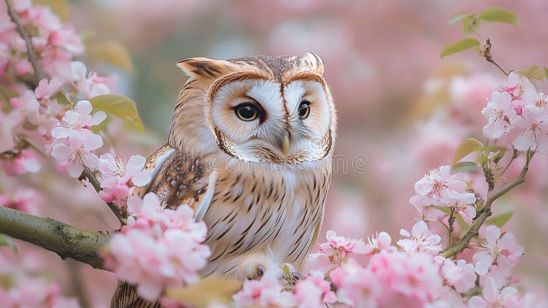 A Beautiful Fairytale Owl Landed on a Pink Sakura Flower Tree ...