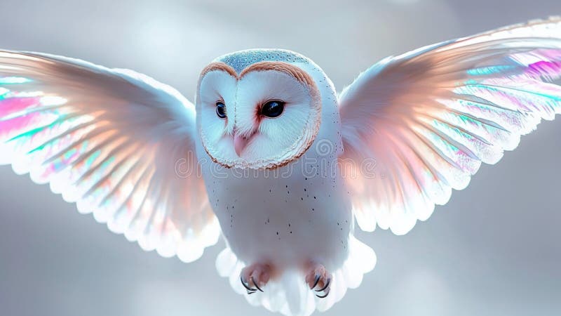 A Mystic White Owl with Colorful Rainbow Iridescent Wings Representing ...