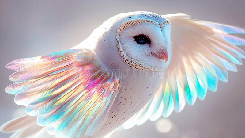 A Mystic White Owl with Colorful Rainbow Iridescent Wings Representing ...