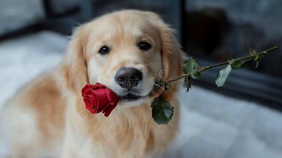 A Chivalrous Chevalier Courteous Golden Retriever Dog Holding a Red ...